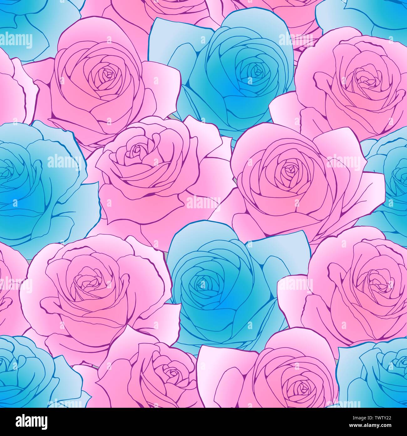 Pink and blue rose simplify flowers. Botanical seamless background ...
