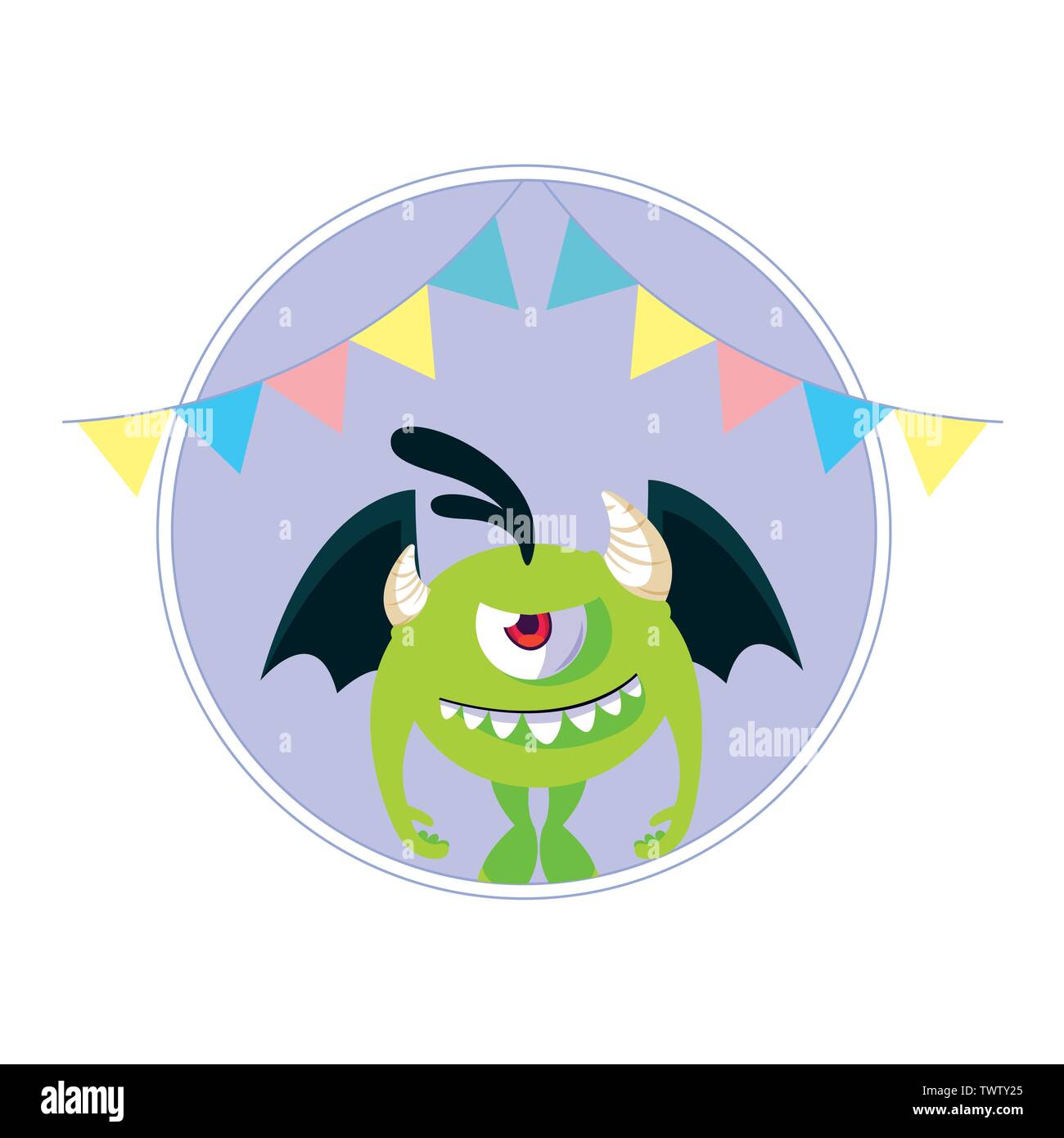 funny monster flying with wings and party garlands vector illustration ...