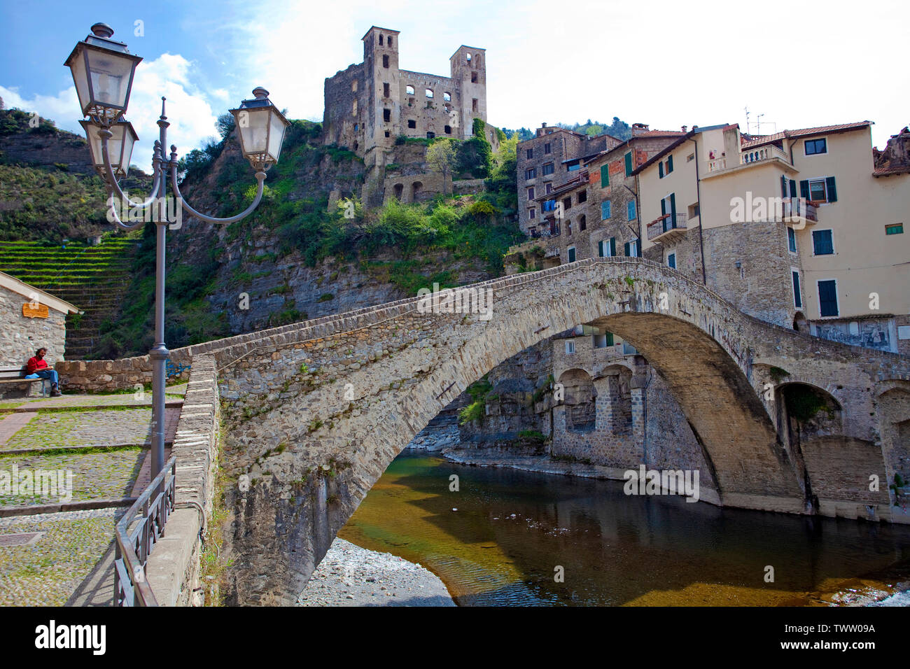 Medieval stone bridge over Nervia river, above the Castello dei Doria ...