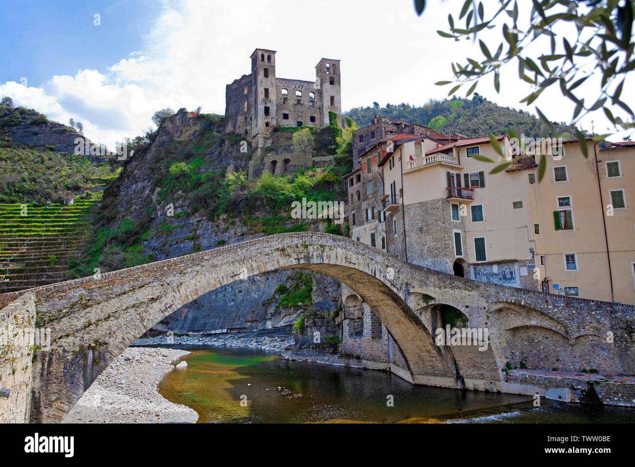 Medieval stone bridge over Nervia river, above the Castello dei Doria ...