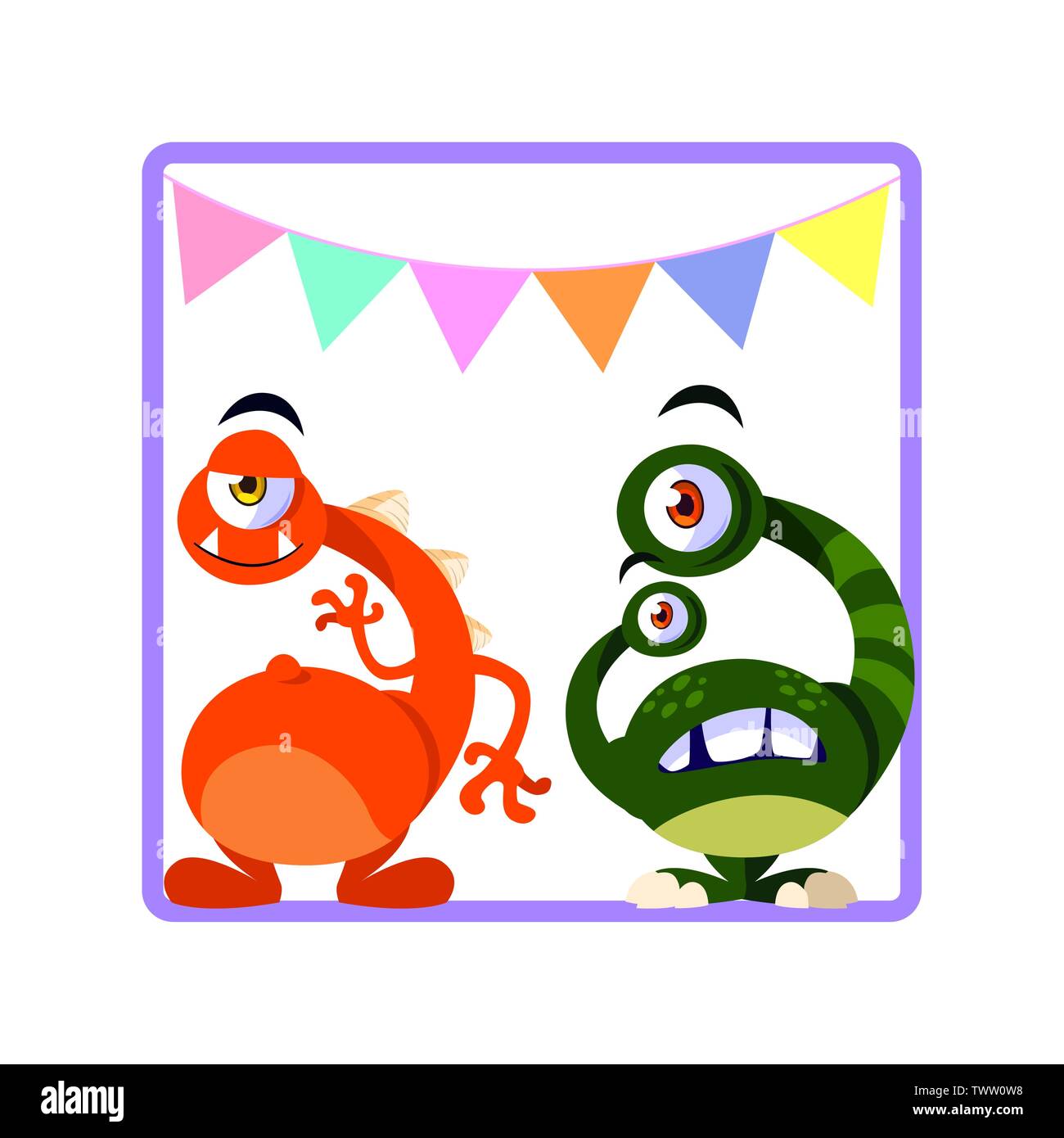 square frame with funny monsters and garlands hanging vector ...