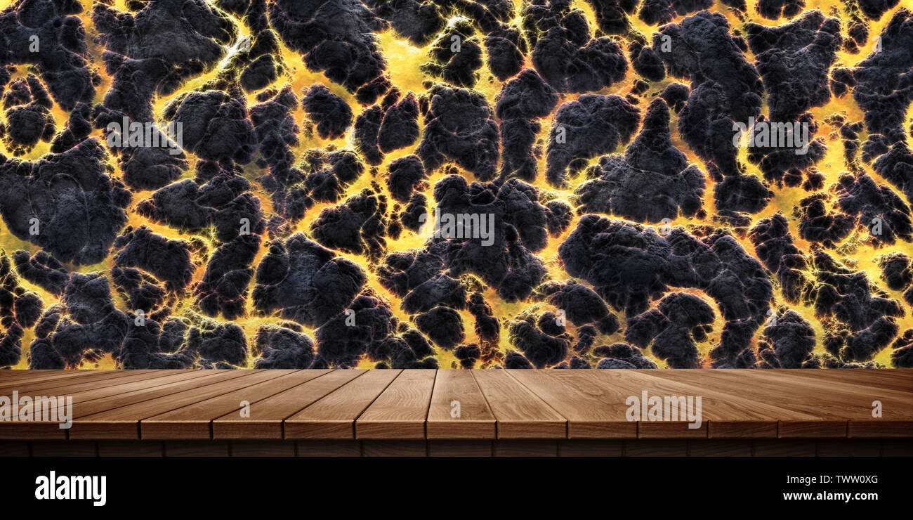 Colorful wooden platform background: magma and lava. ( 3D rendering ...
