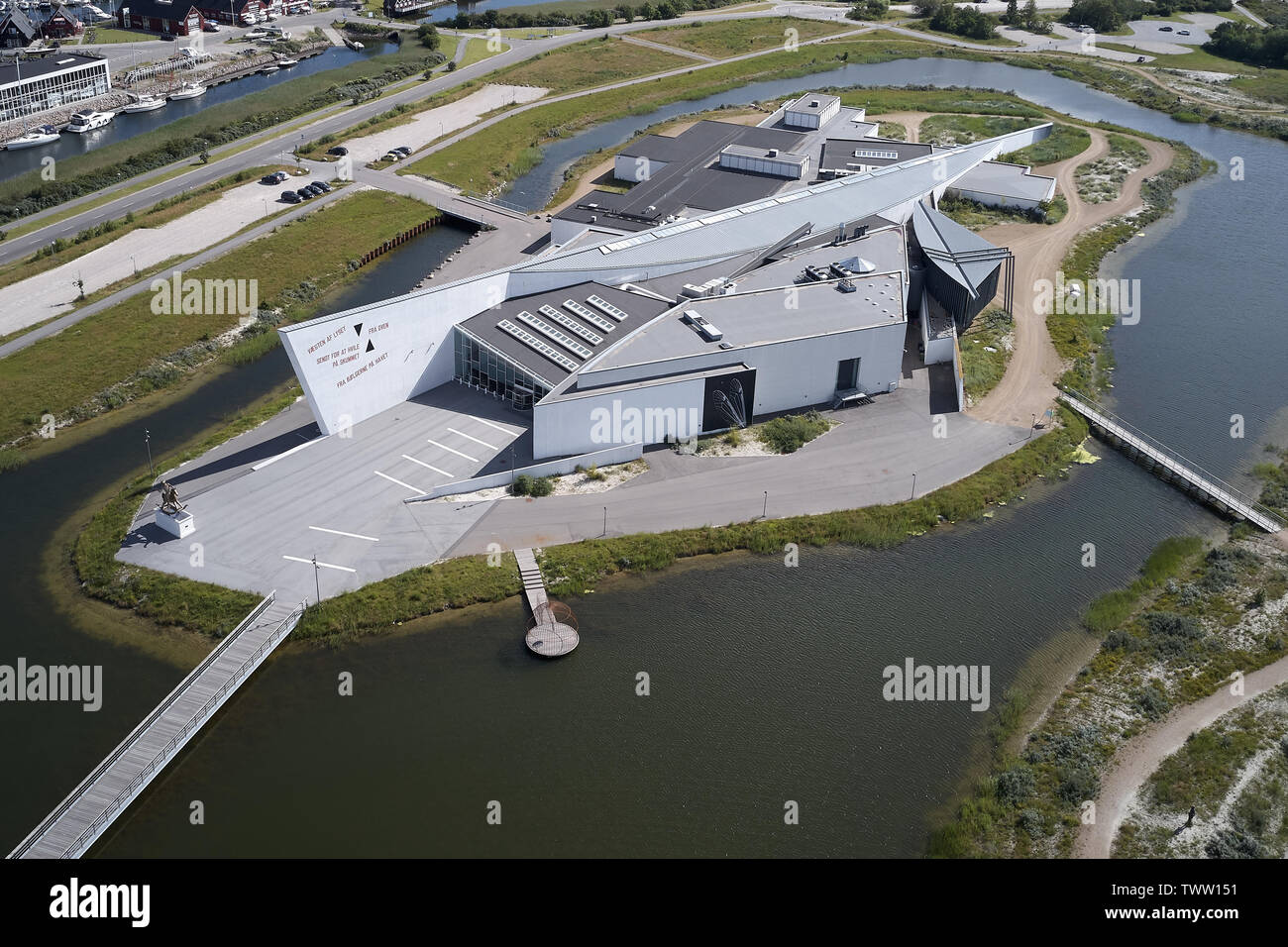 Aerial view of Arken Museum of Modern Art located on Zealand in Denmark ...