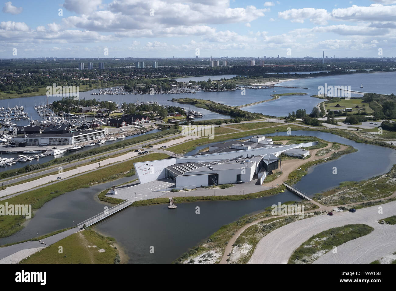 Aerial view of Arken Museum of Modern Art located on Zealand in Denmark ...