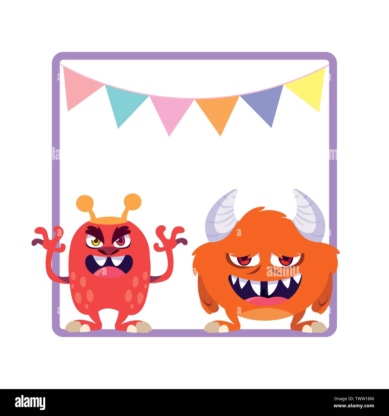 square frame with funny monsters and garlands hanging vector ...