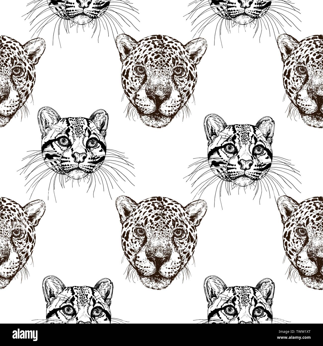 Seamless pattern of hand drawn sketch style portraits of clouded ...