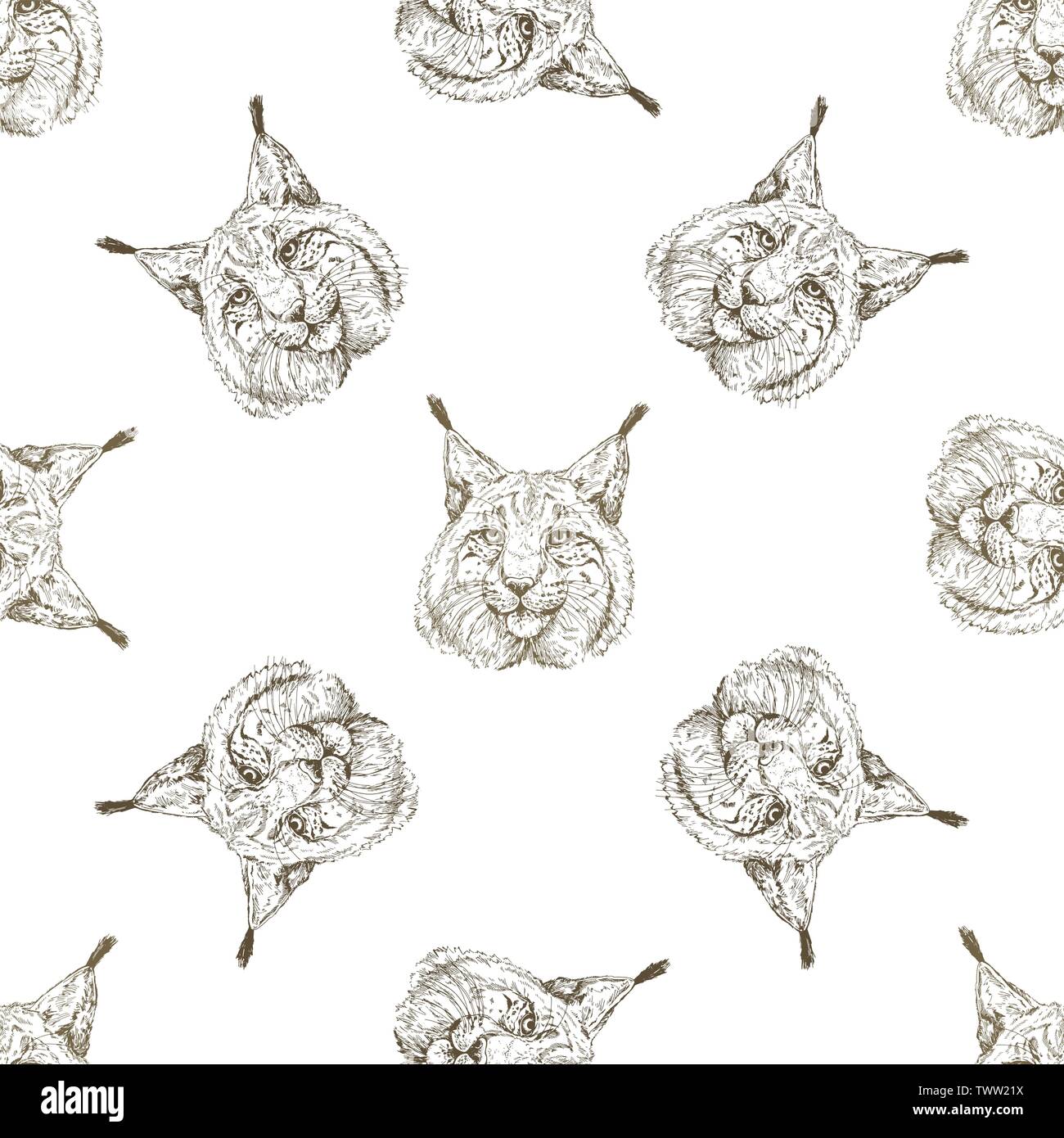 Seamless pattern of hand drawn sketch style portraits of lynx isolated ...