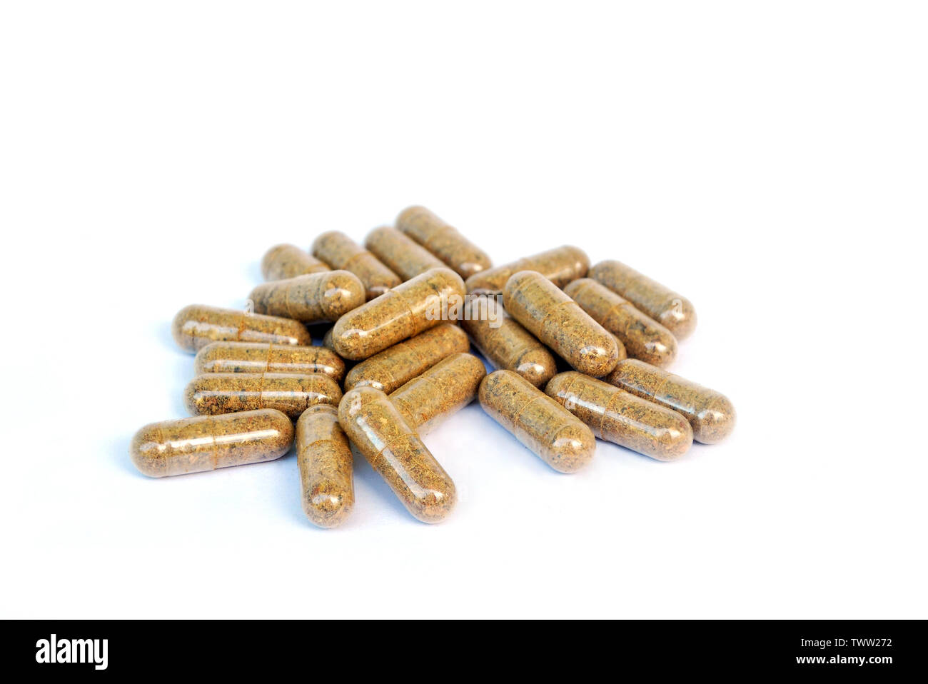 Thai herbal medicine capsule on white background Stock Photo - Alamy