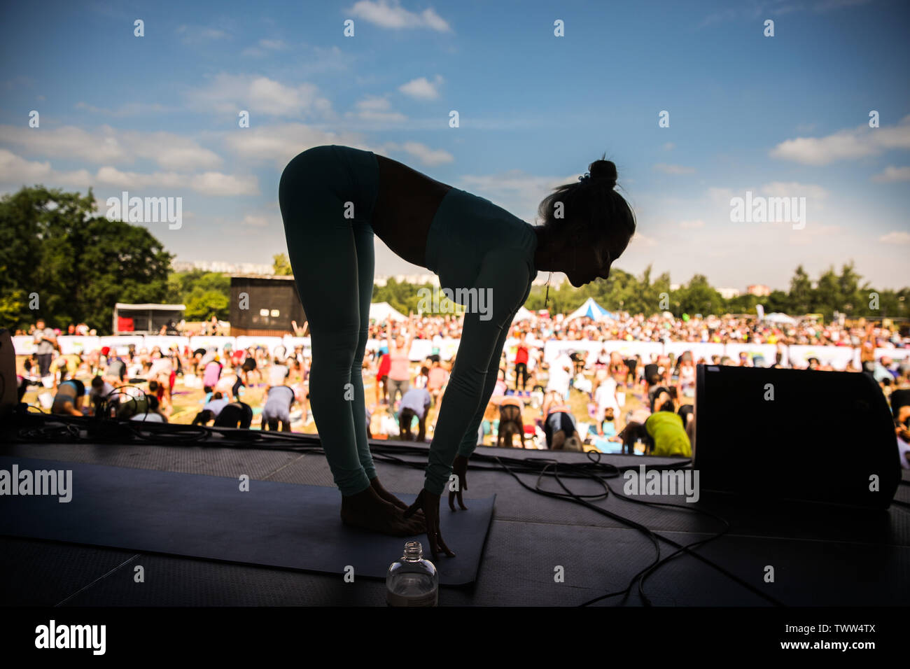 Moscow. 23rd June, 2019. A yoga instructor demonstrates during a yoga ...