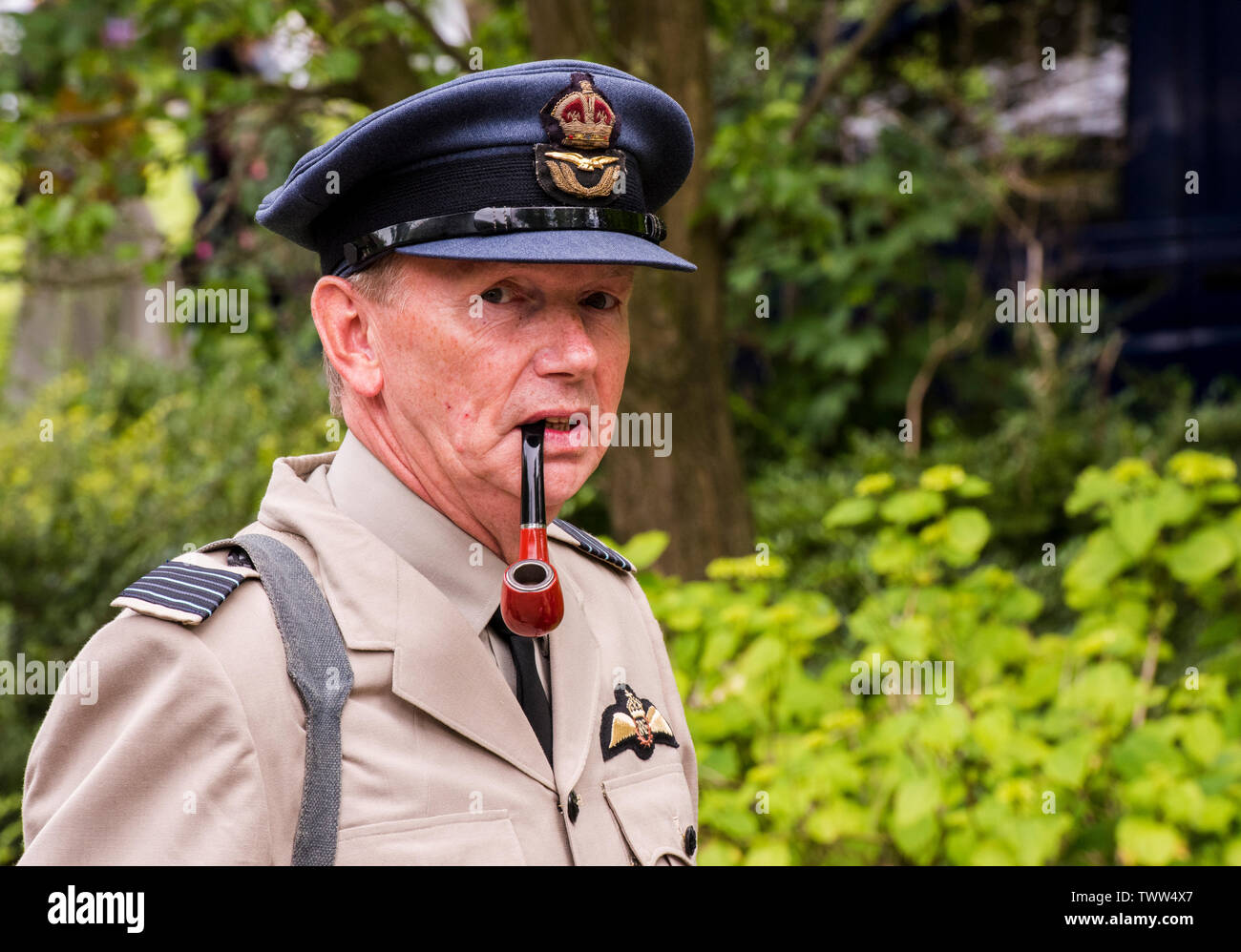 Man in military uniform smoking pipe in Valley Gardens on 1940s Day ...