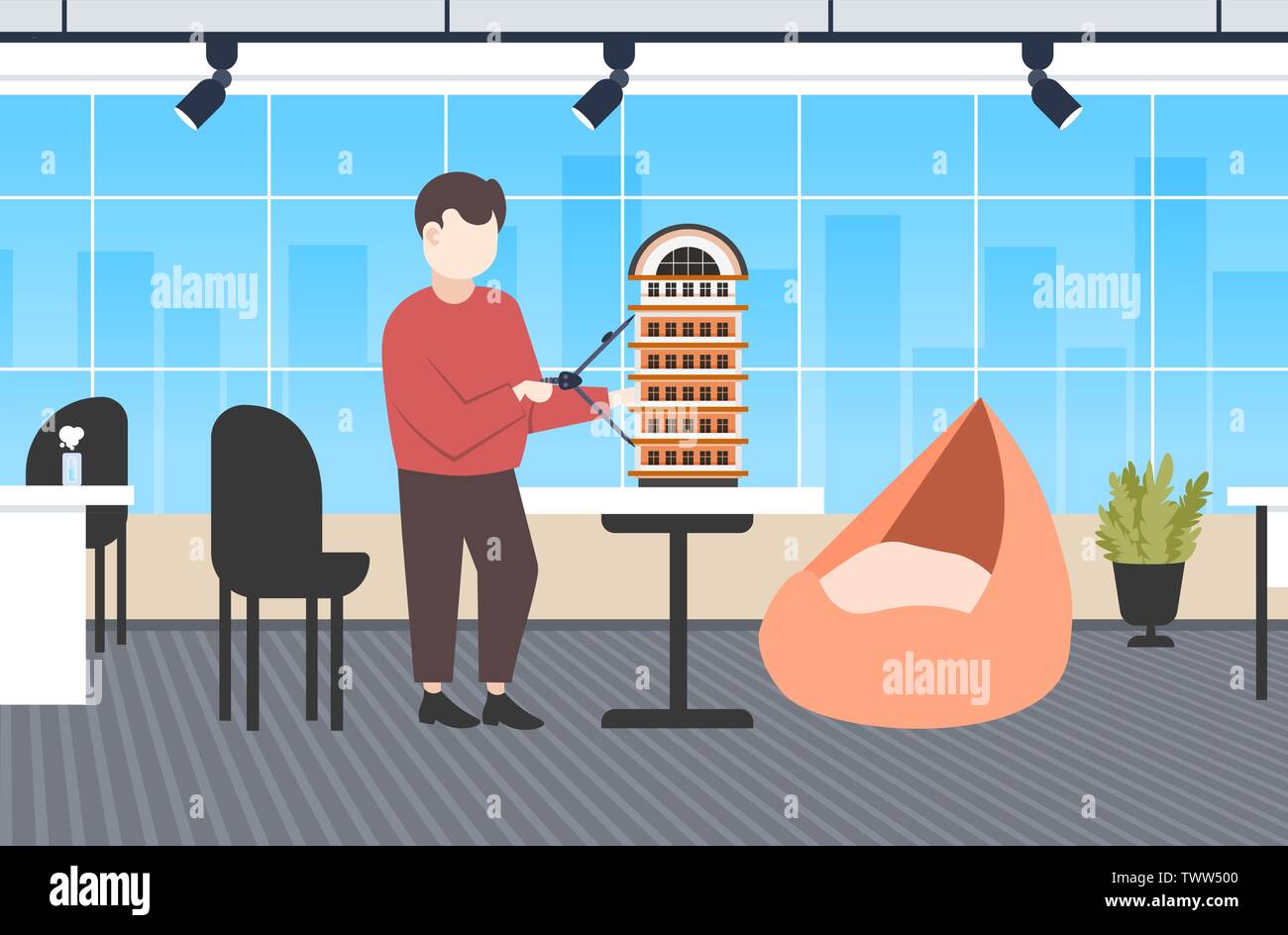 Man Architect Using Compass Engineer Drafting New Building City Model Urban Panning Project