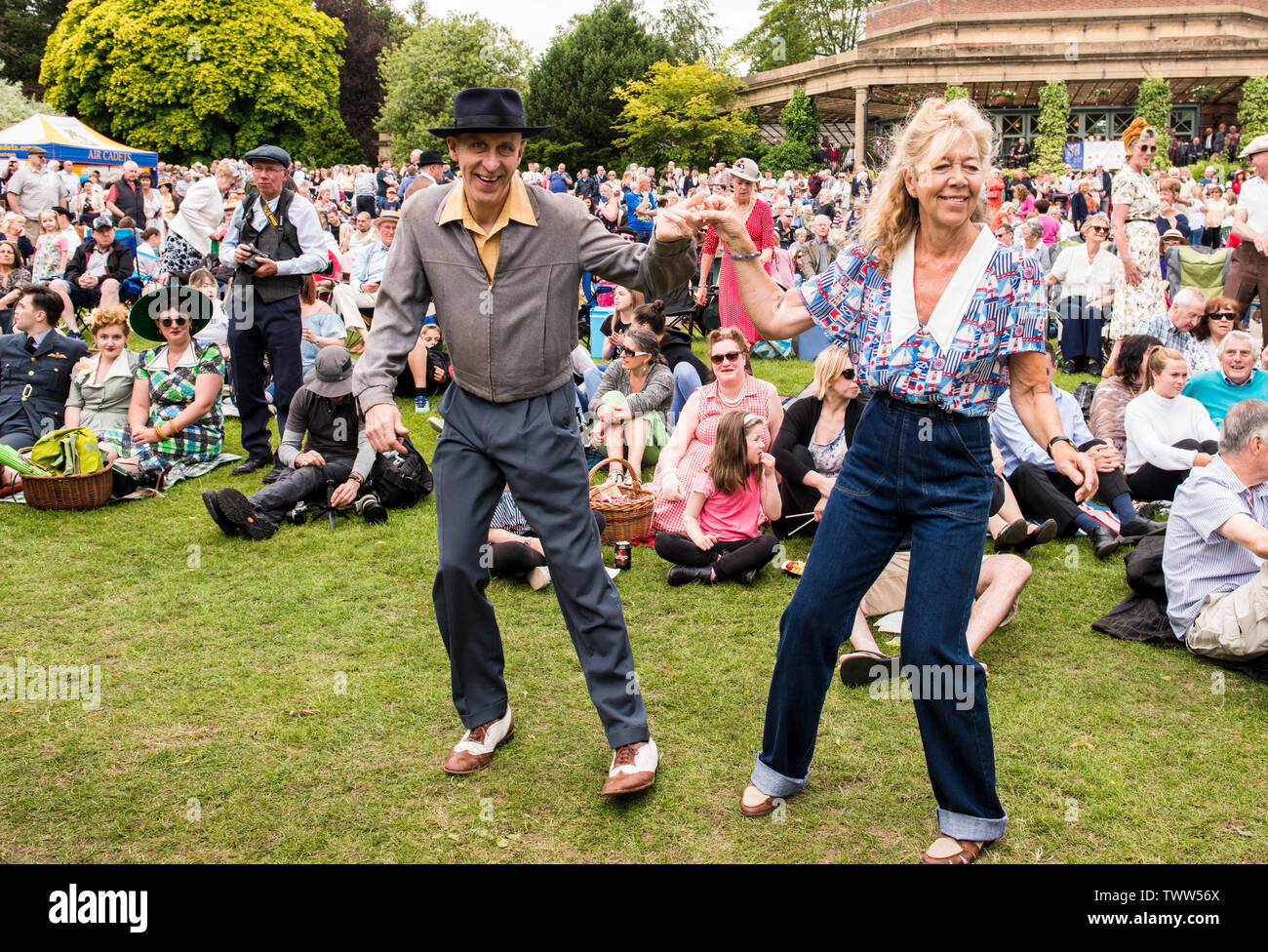 Couple dancing in Valley Gardens on 1940s Day, Harrogate, England, UK ...