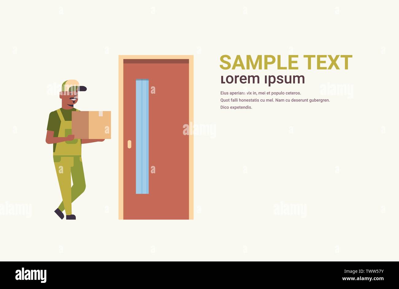 postman in uniform holding cardboard parcel box at door african ...