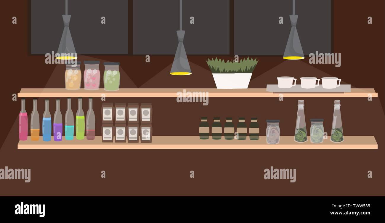 different bottles cups jars various food ingredients drinks and ...