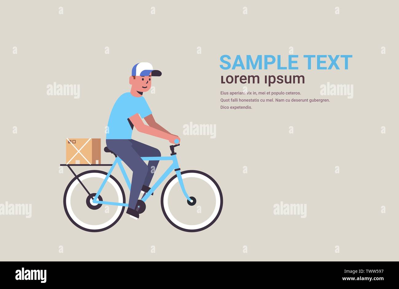 postman in uniform riding bicycle carrying cardboard parcel box courier ...