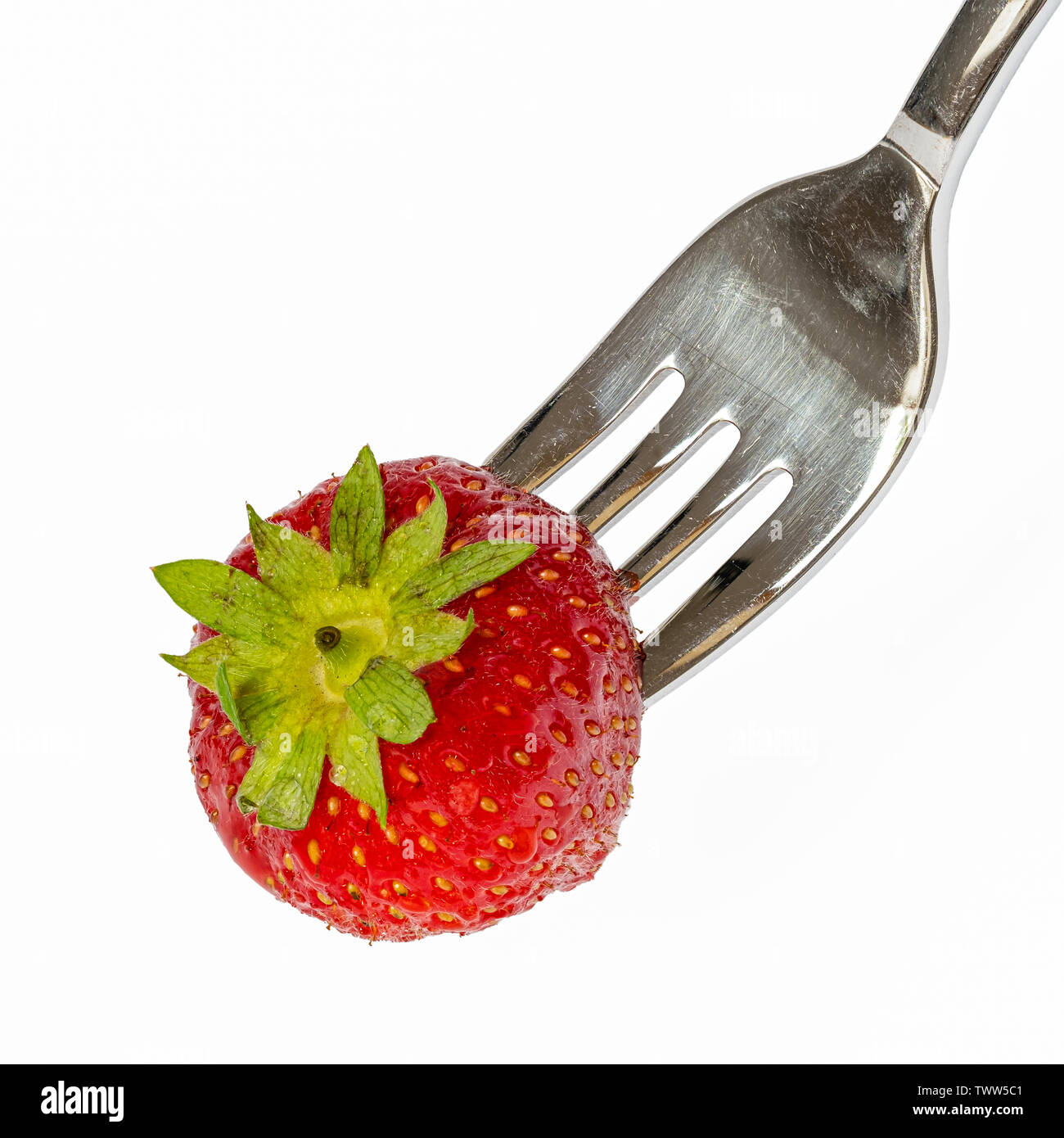 Delicious fresh strawberry on a fork isolated on a white background ...