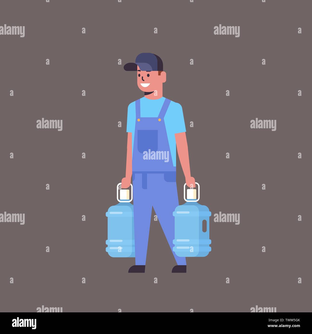 courier man in uniform holding two plastic bottles of fresh water ...