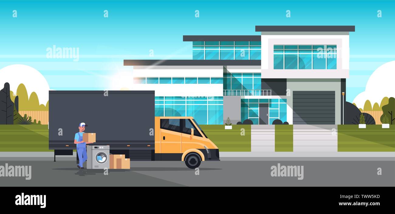 courier man near delivery truck with cardboard boxes washing machine ...