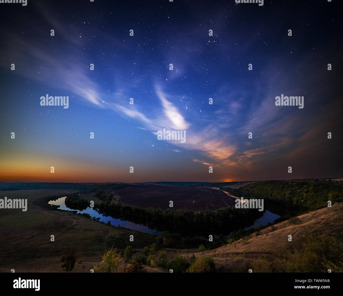 summer riverside landscape at starry night with purple clouds Stock ...