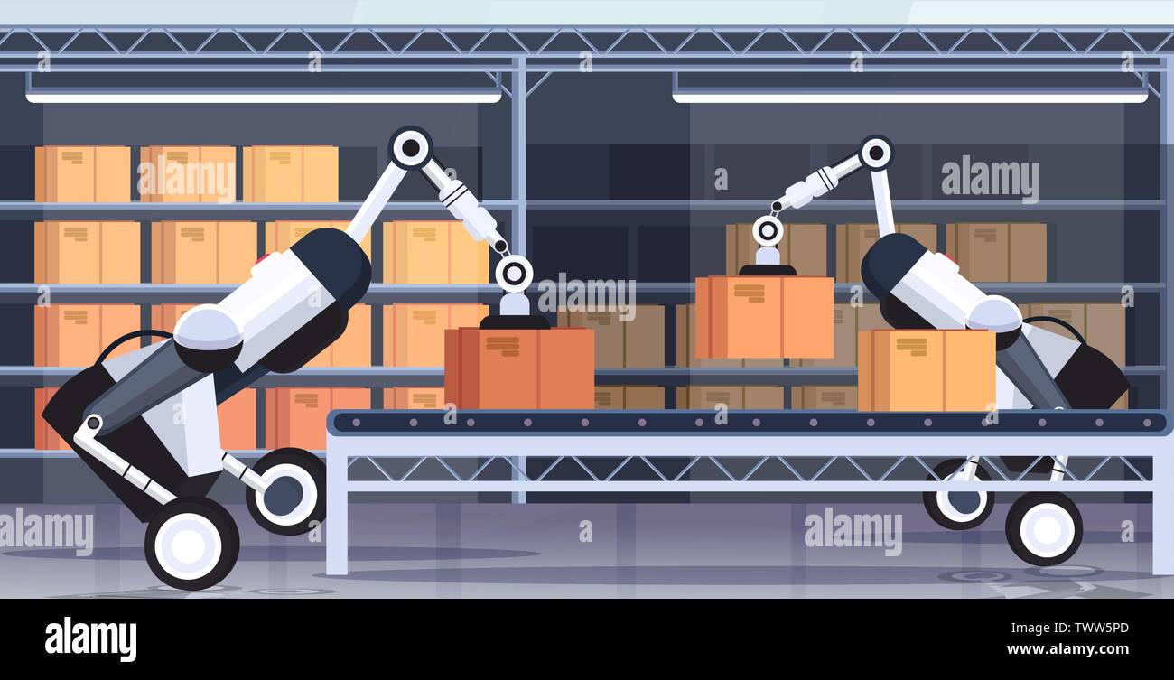robotic workers loading cardboard boxes hi-tech smart factory robot ...