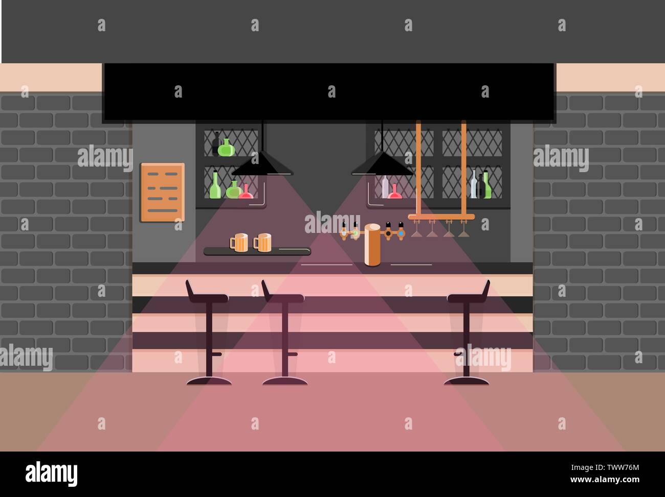Bar counter in pub. Vector flat illustration. Dark tone. Eps 10 Stock ...