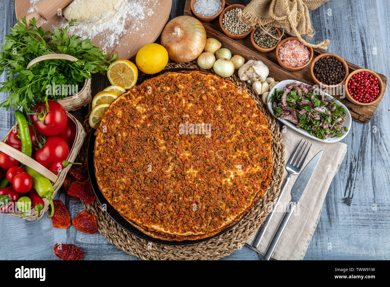 Traditional Turkish Cuisine: Lahmacun turkish delicious pizza with ...