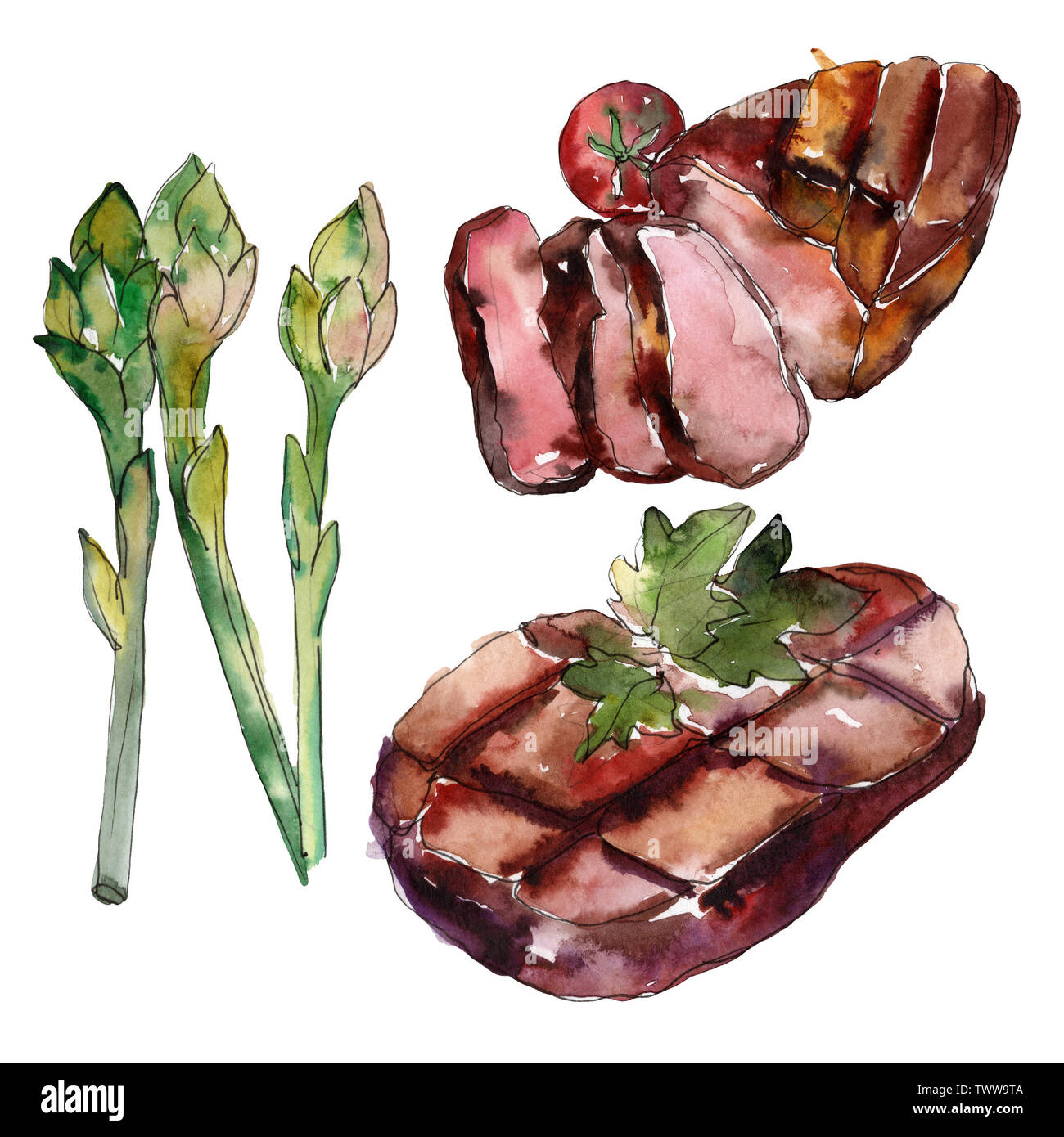 Grilled steak tasty food. Hand drawn barbeque meat illustration ...