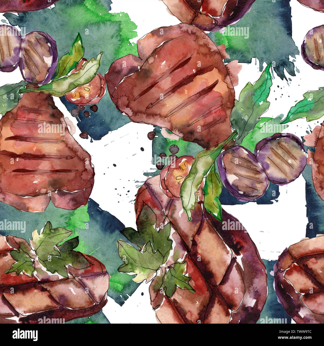 Grilled steak tasty food. Hand drawn barbeque meat illustration ...