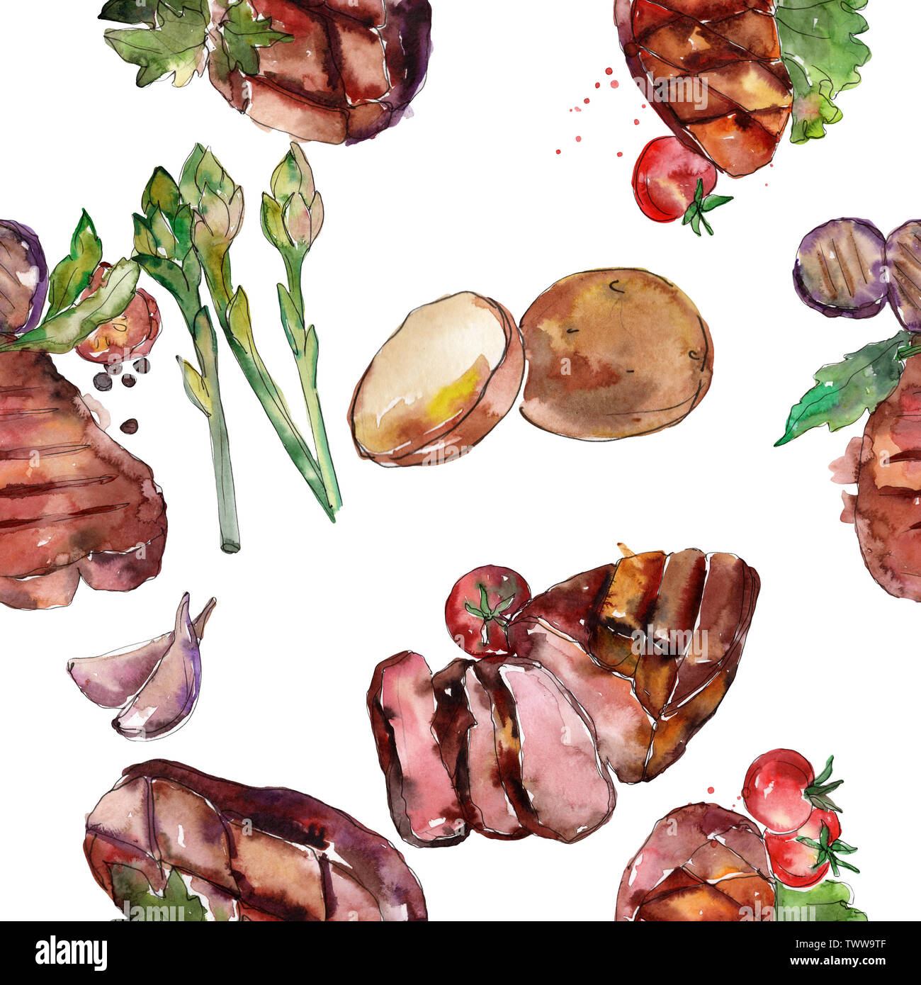 Grilled steak tasty food. Hand drawn barbeque meat illustration ...