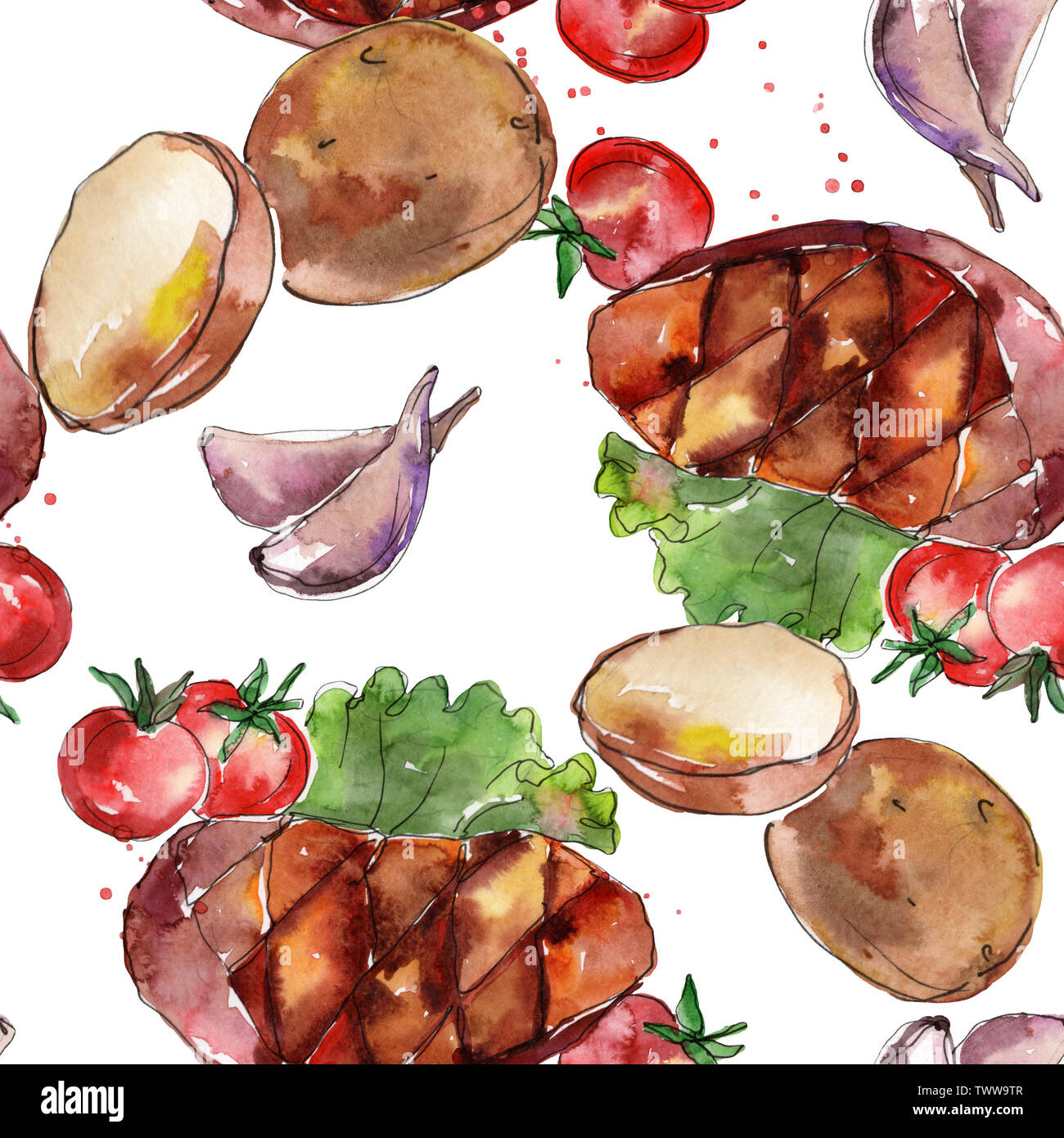 Grilled steak tasty food. Hand drawn barbeque meat illustration ...