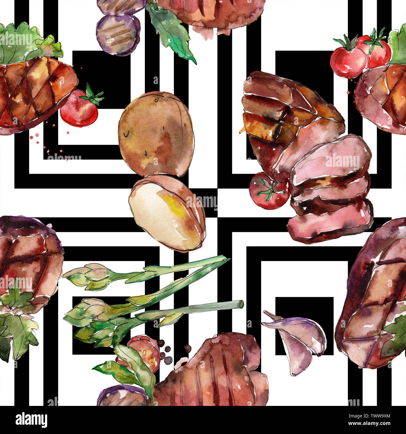 Grilled steak tasty food. Hand drawn barbeque meat illustration ...