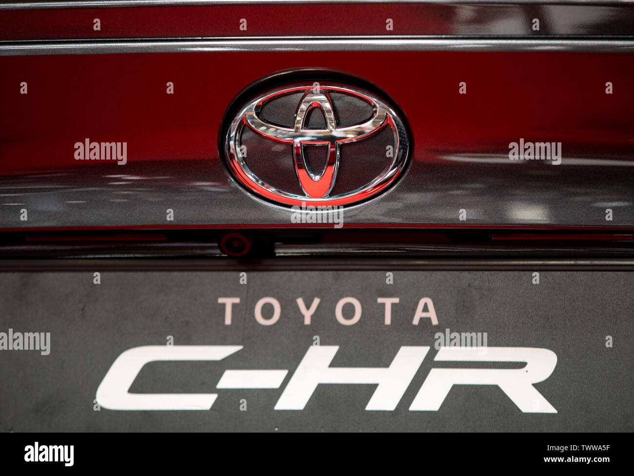 Cracow, Poland - May 18, 2019: Toyota C-HR metalic logo closeup on the ...
