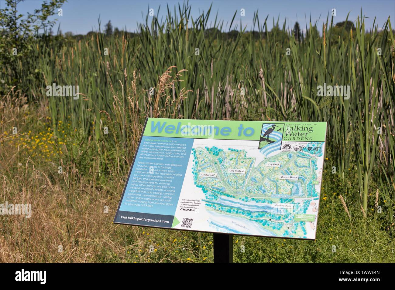 A sign at the entrance to Talking Water Gardens, an engineered water ...