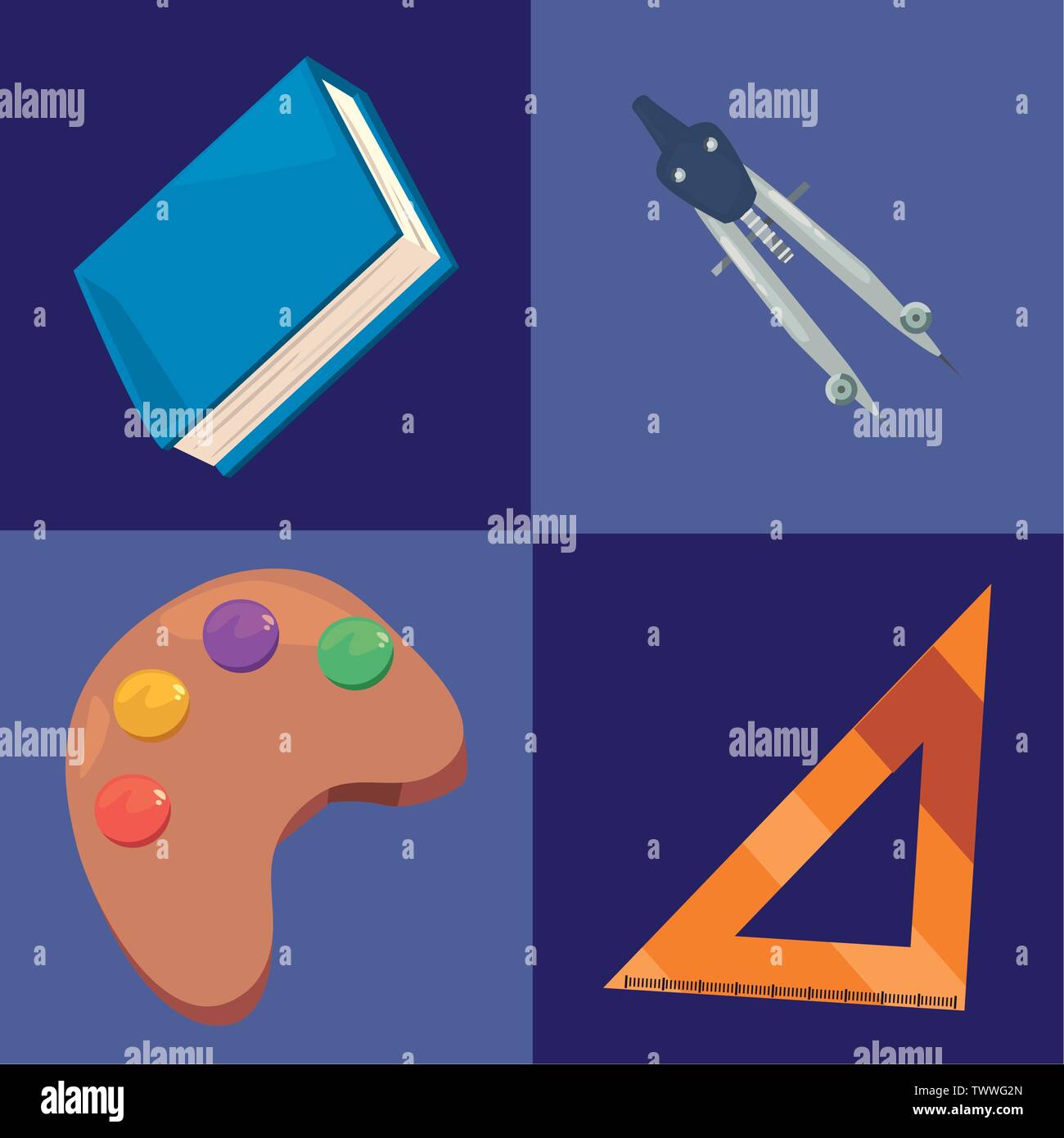 back to school supplies book compass ruler palette color icons vector ...