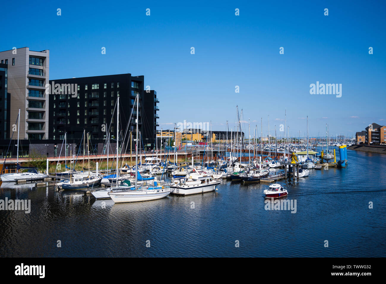 A general view of Cardiff Marina in Cardiff, Wales, UK on a warm summer ...