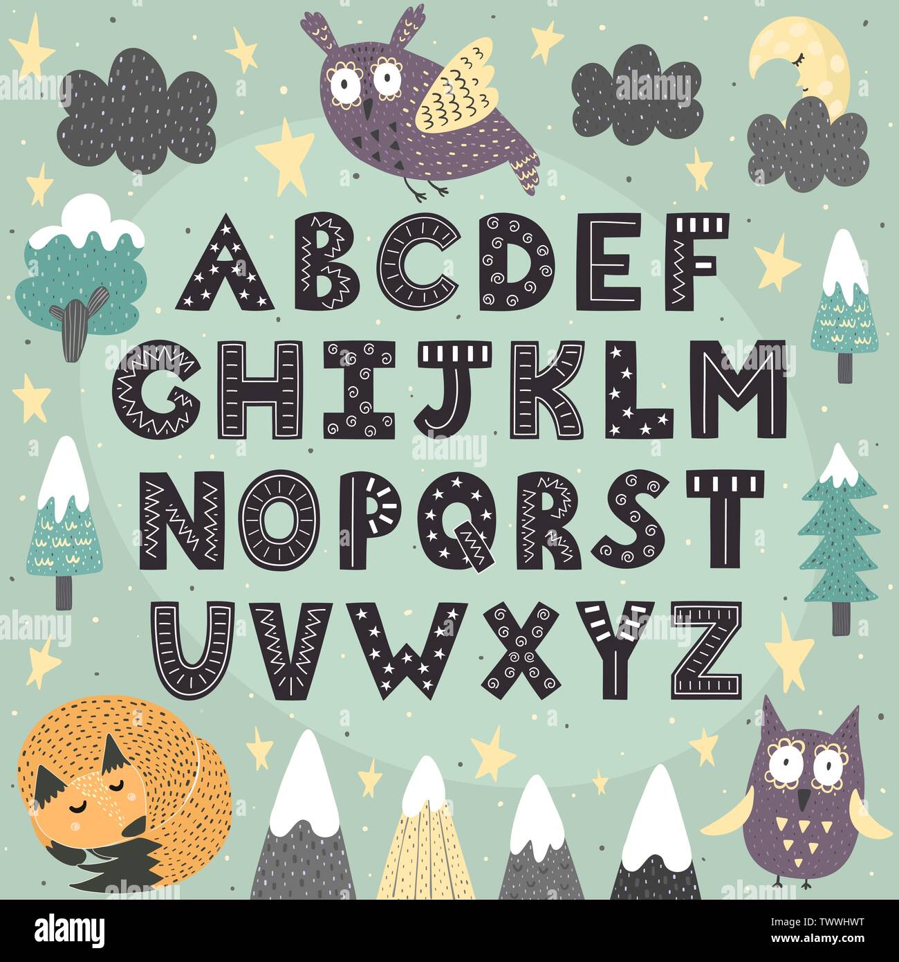 Fantasy forest alphabet for children. Awesome ABC poster. Vector ...