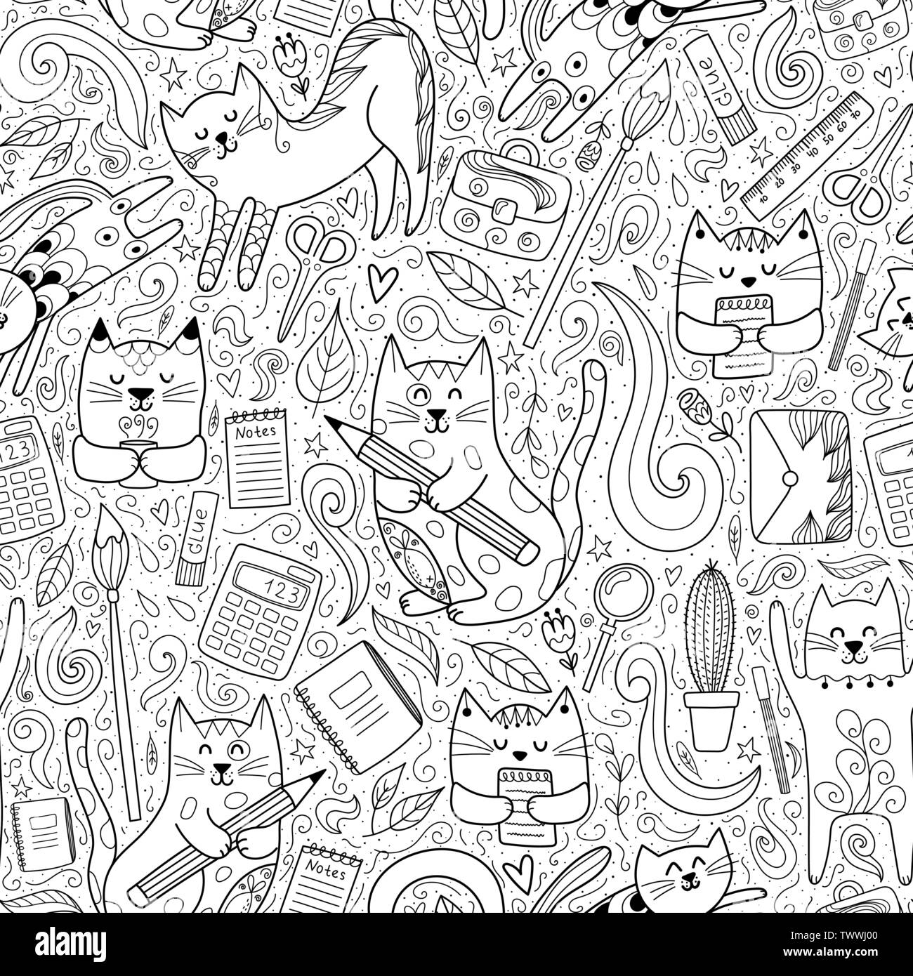 Cats go to school funny seamless pattern. Coloring page for adults and ...