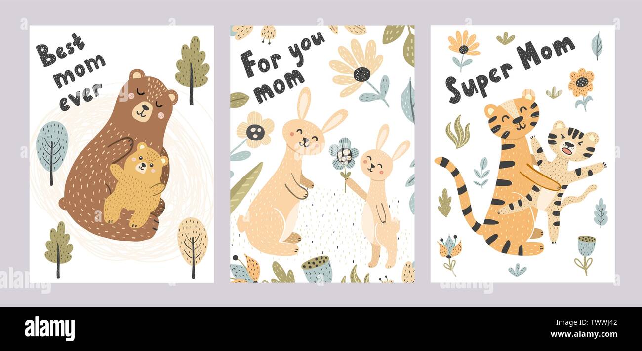 Mother’s day cards collection. Adorable postcards with cute animals ...