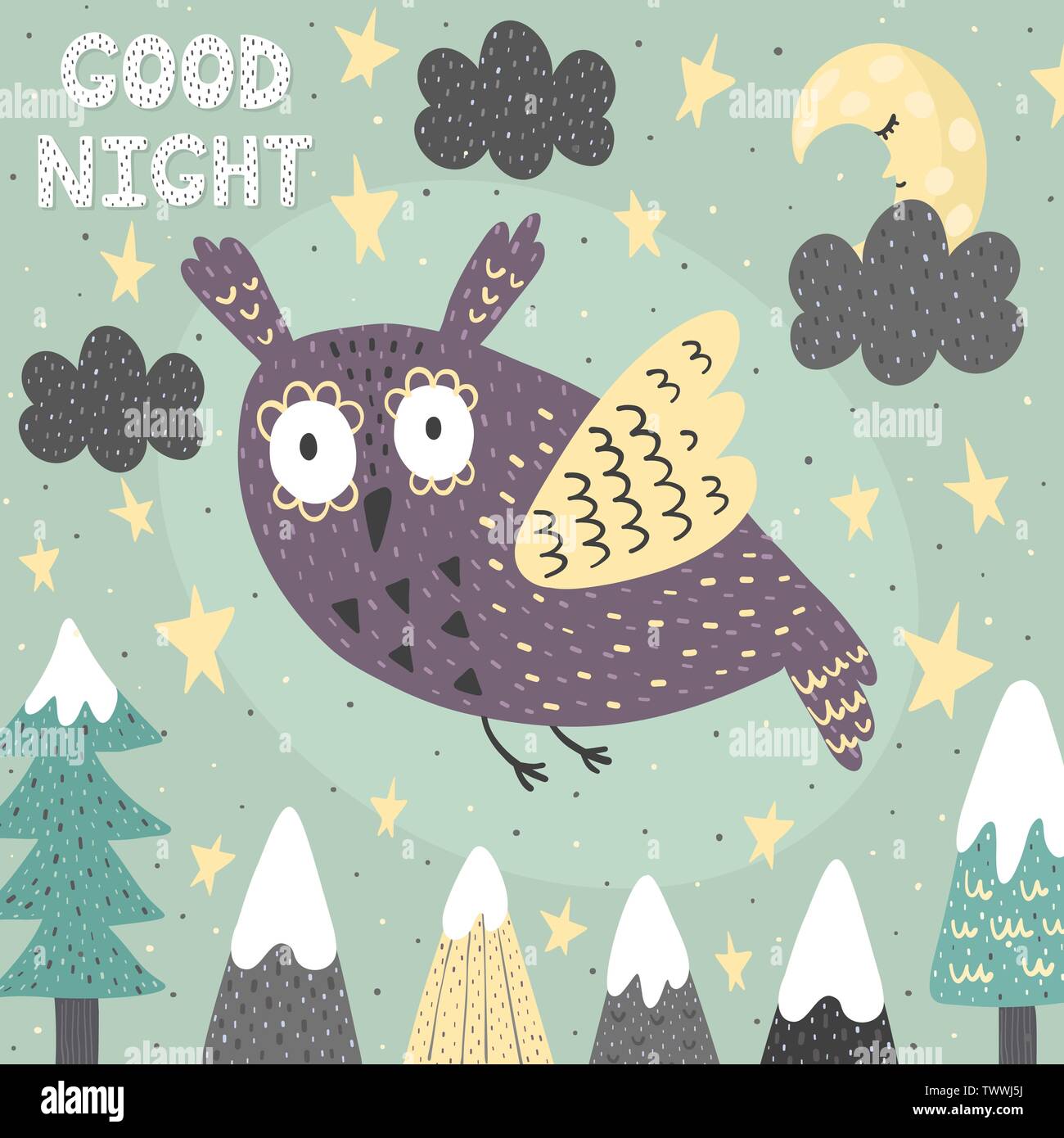 Fantasy good night card with a cute owl. Magic night background. Vector ...