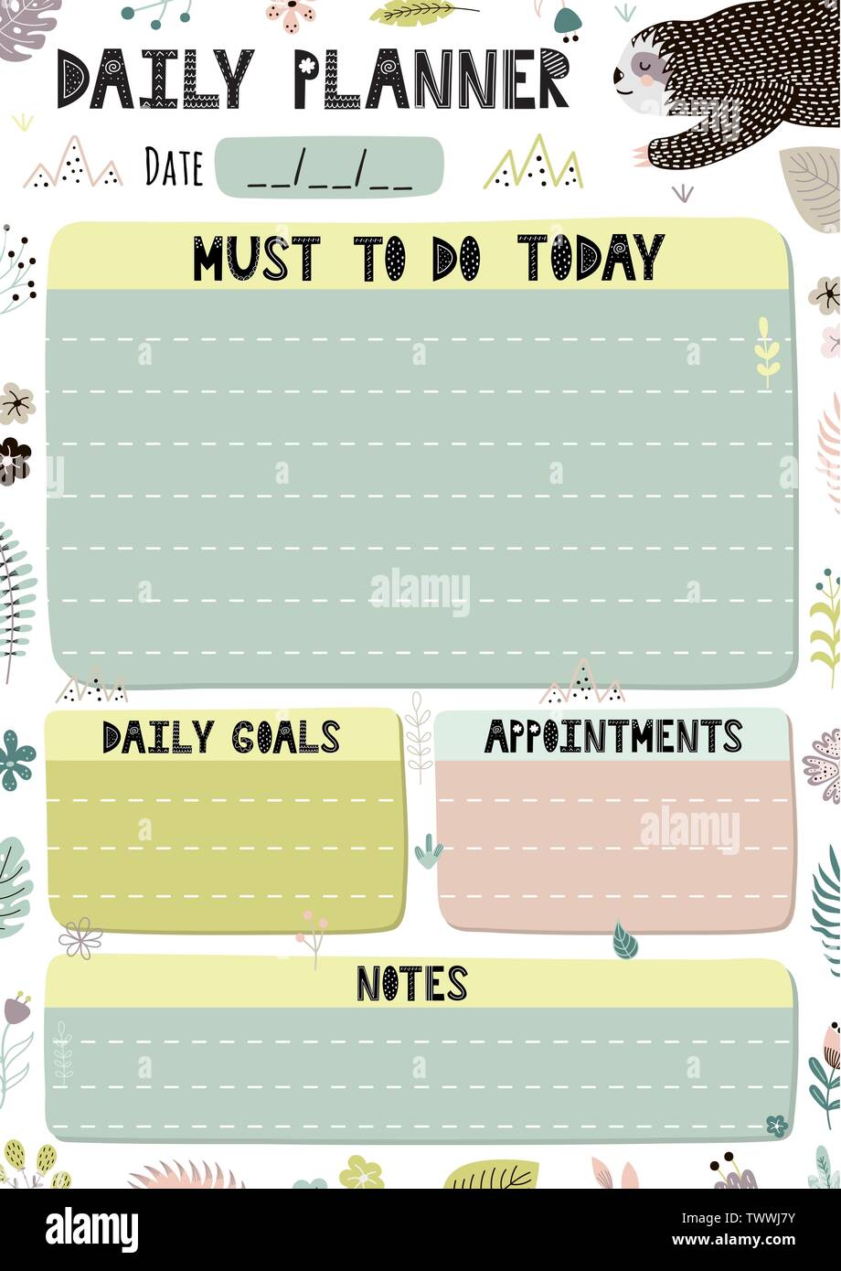 Colorful Daily Planner Template. Cartoon organizer in A4 format. Vector ...