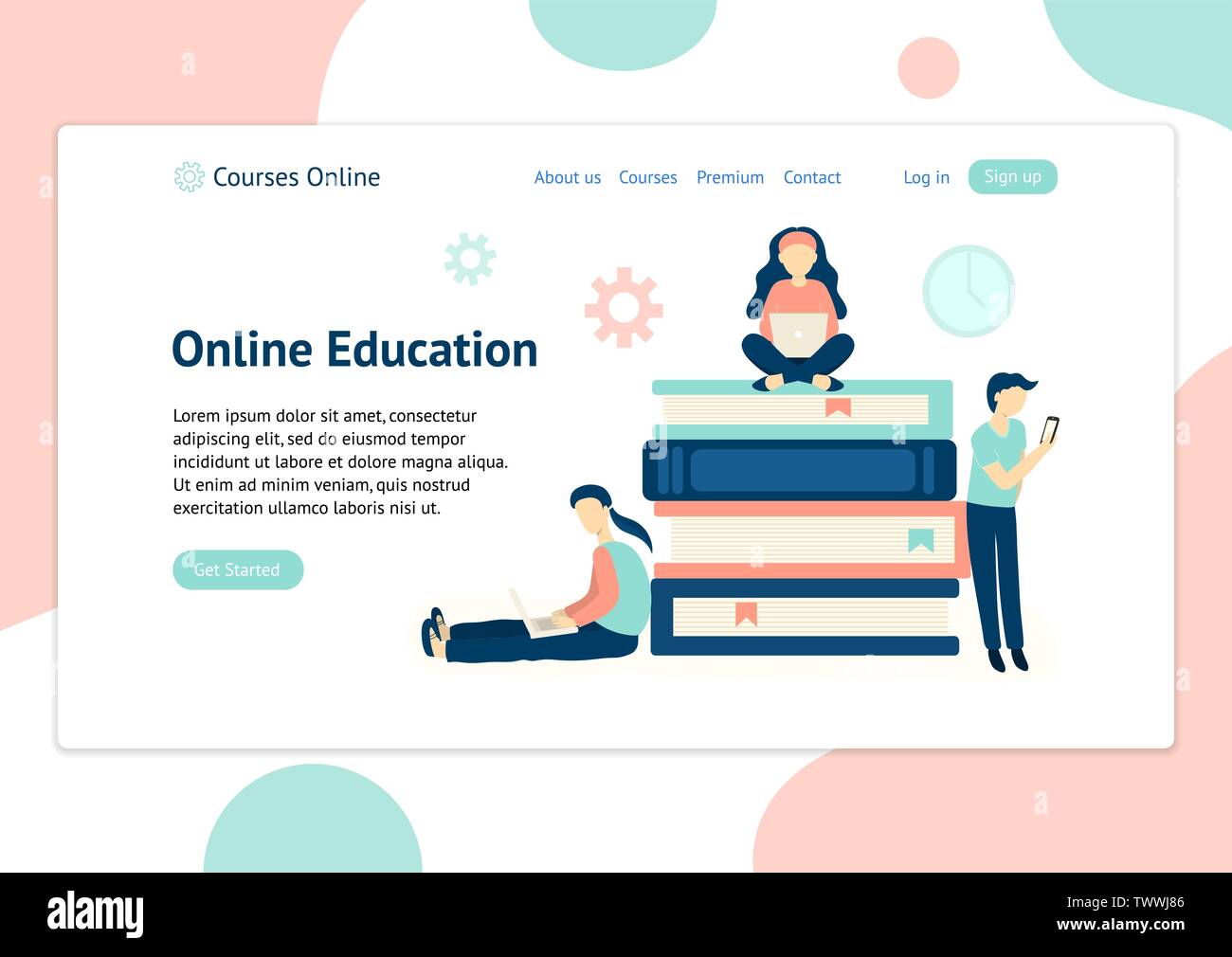 Header template for website with people learning with different devices ...