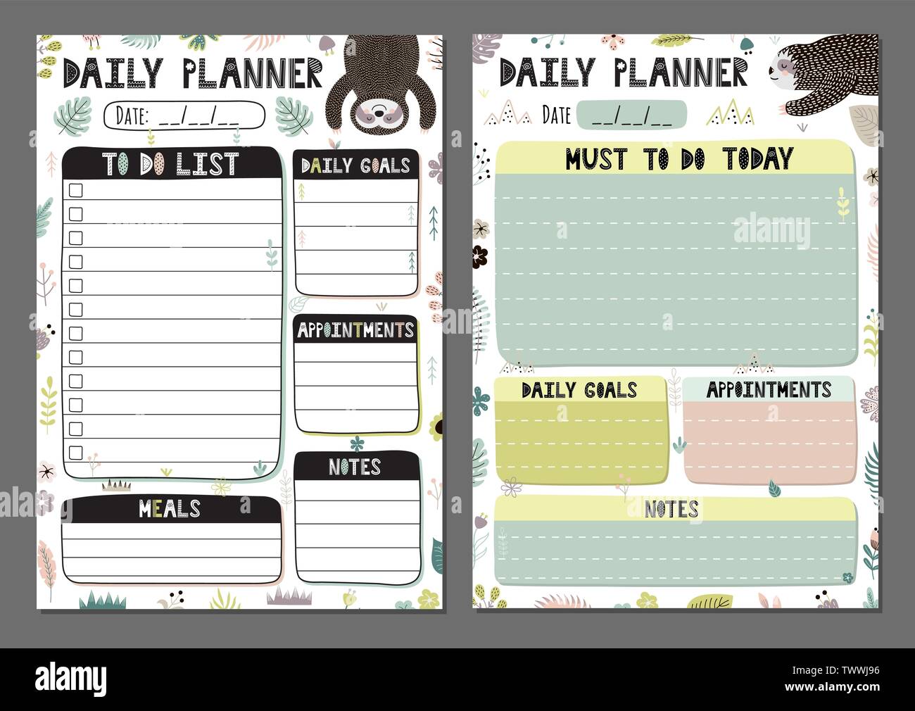 Daily planners set with a funny sloth. A4 format. Vector illustration ...