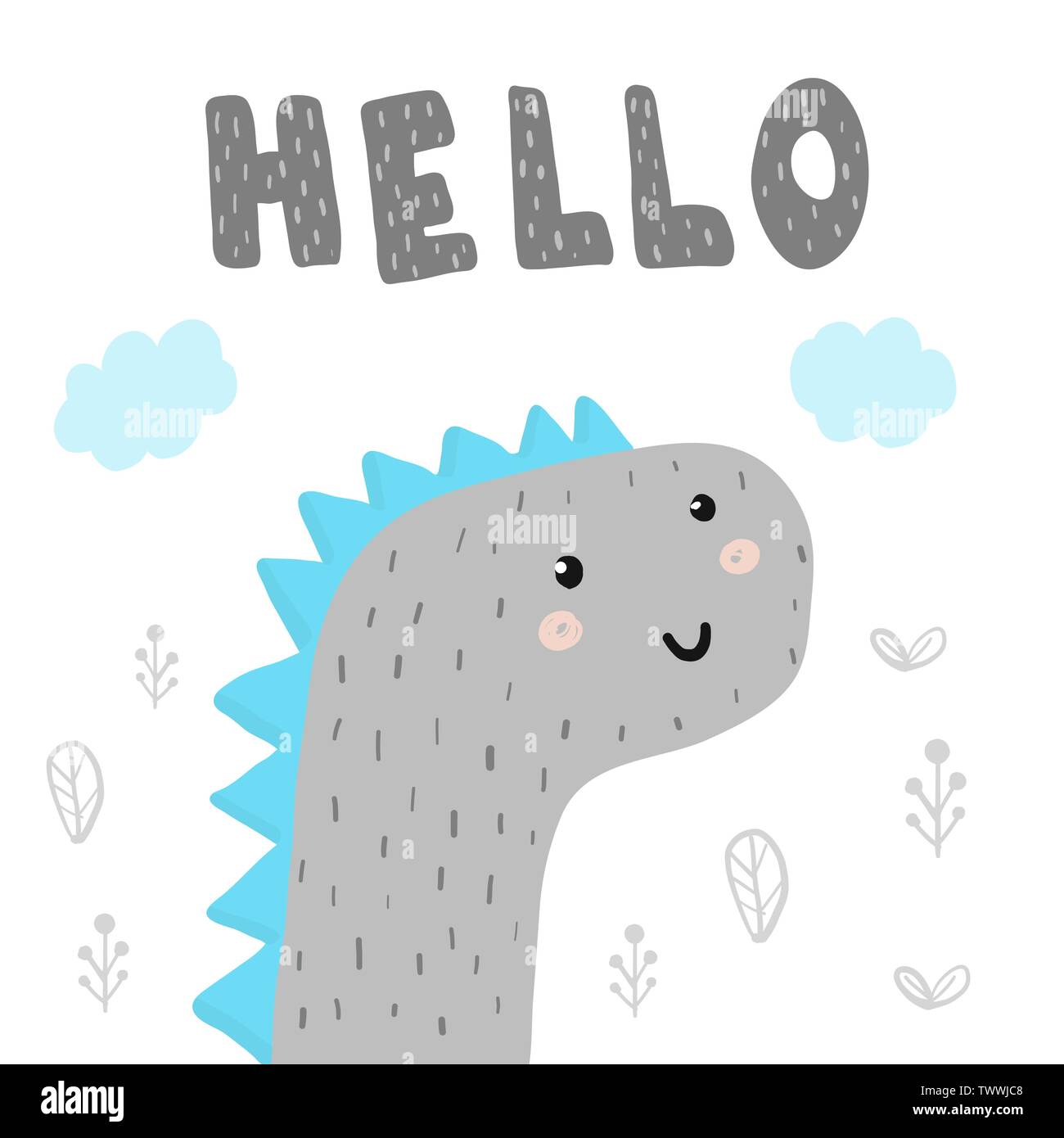 Hello hand drawn print with cute fantastic animal. Vector illustration ...