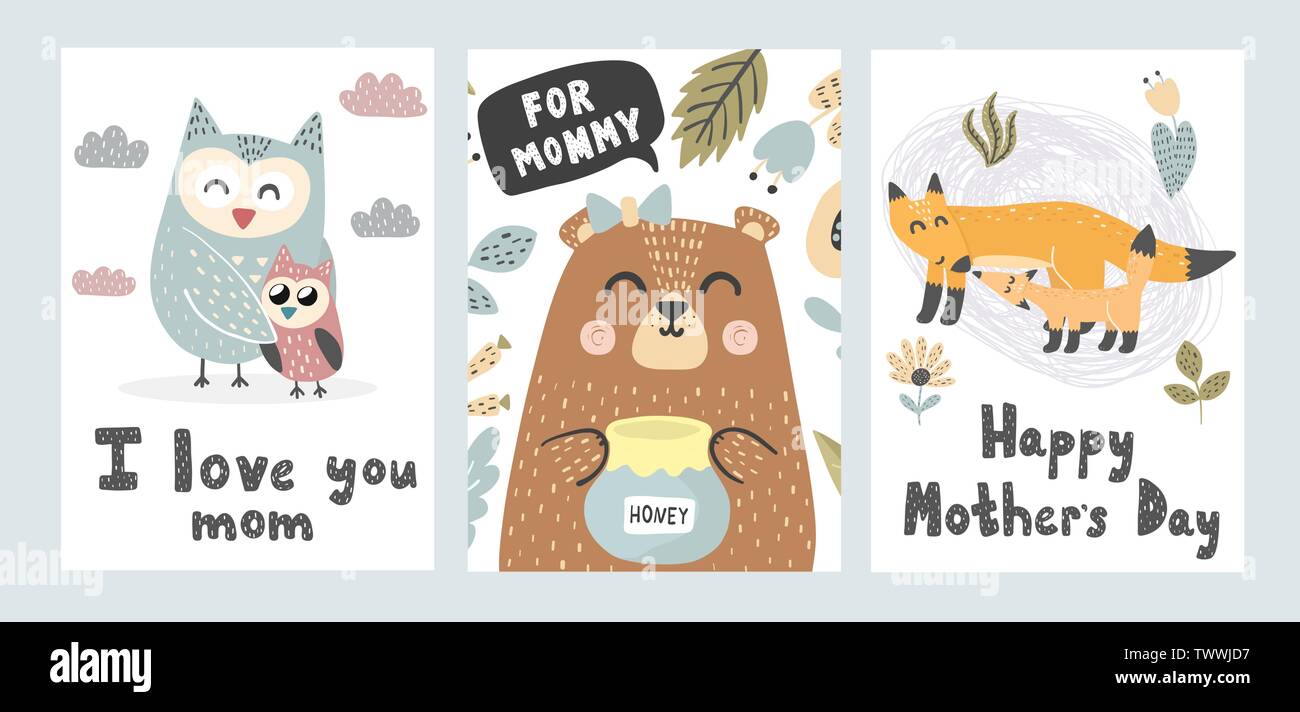Mother’s Day greeting cards collection. Cute animals prints. Vector ...