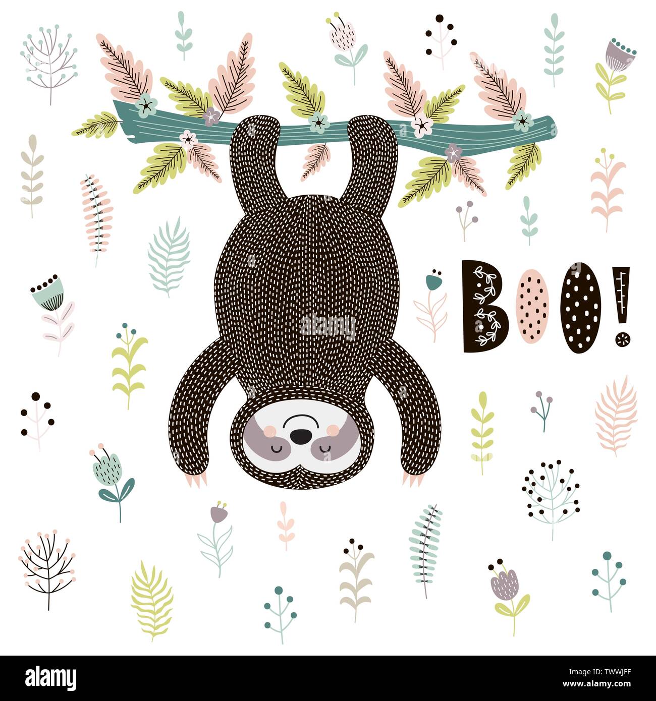 Boo! Cute print with a sloth hanging from the tree. Vector illustration ...