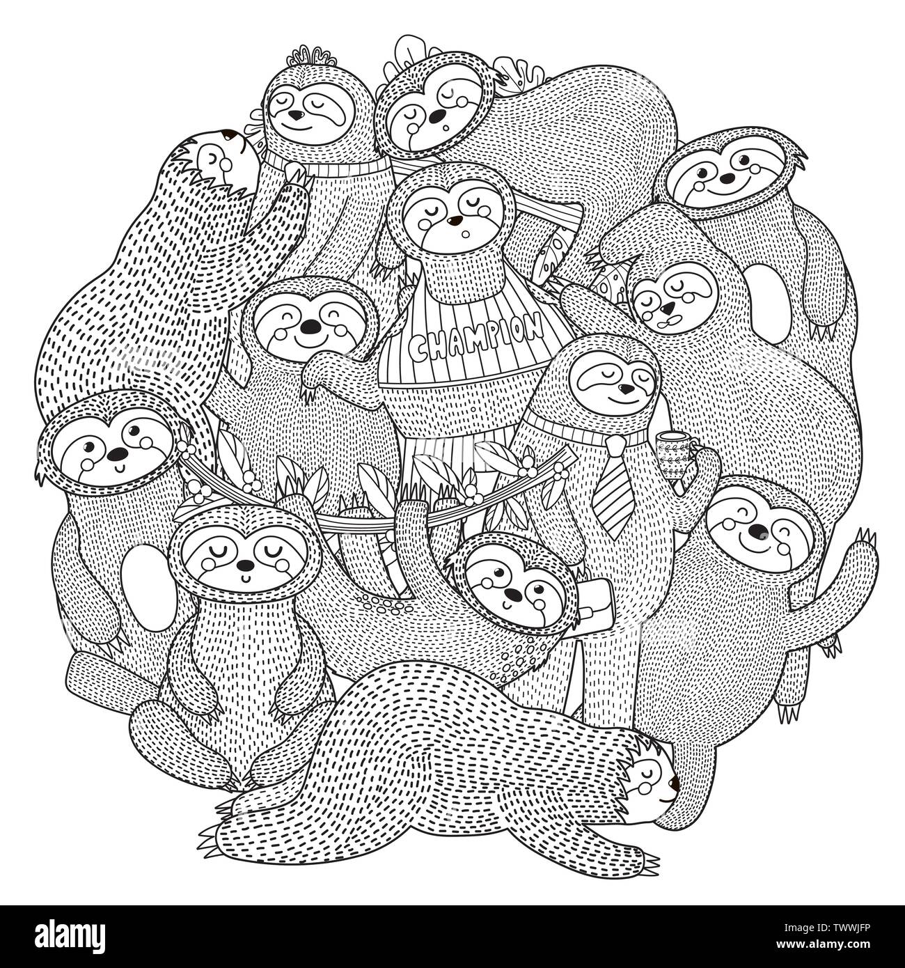 Funny sloths circle shape pattern for coloring book. Vector ...