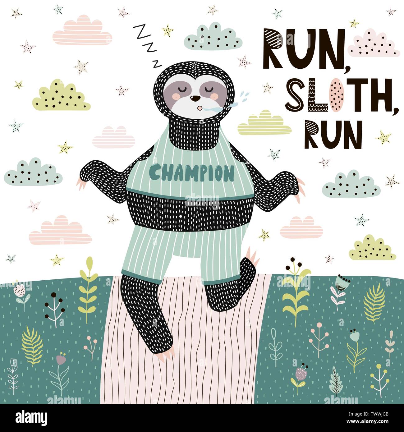 Run Sloth funny print. Cute card with sleeping and running sloth in ...
