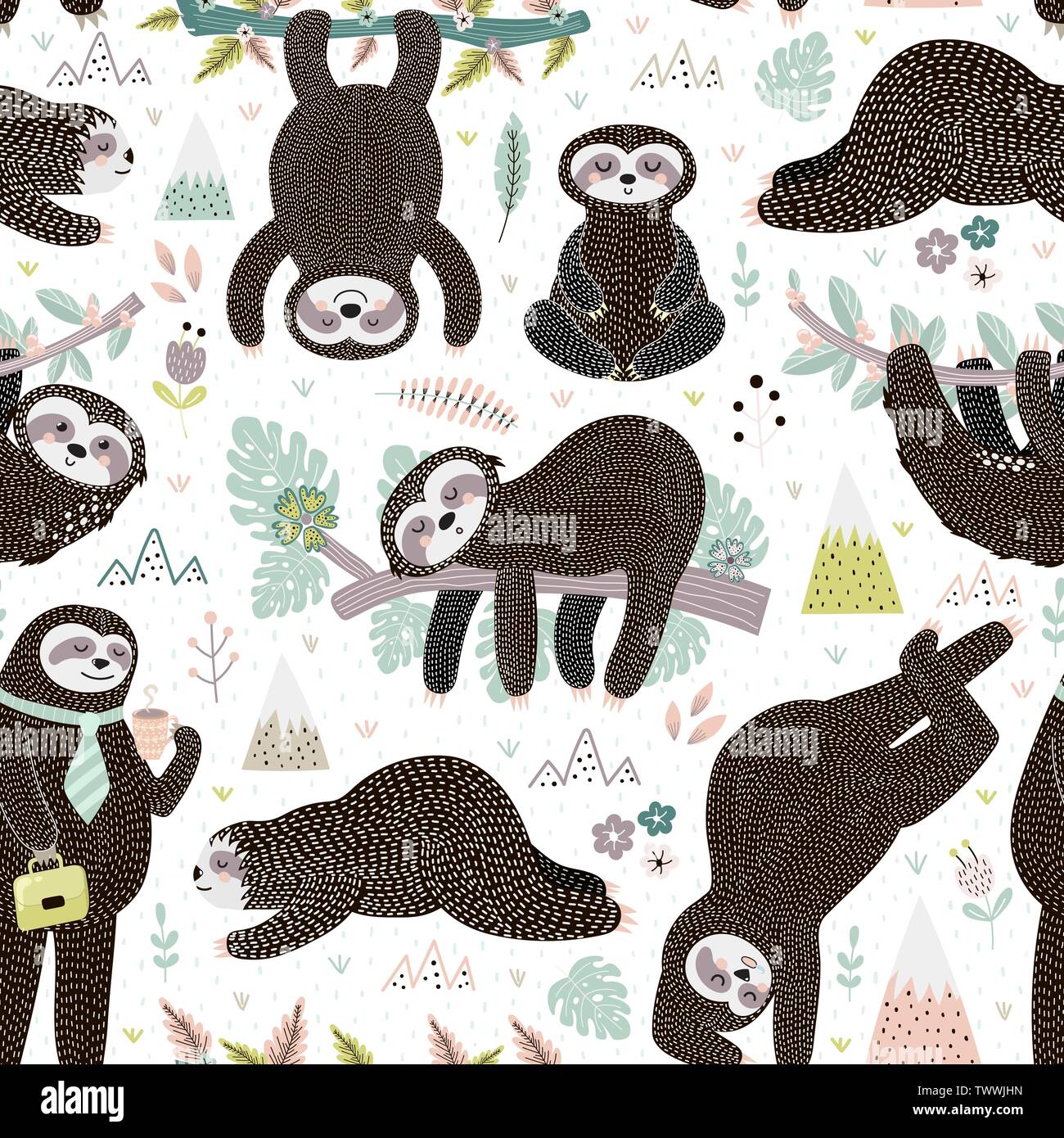 Cute sleeping sloths seamless pattern. Adorable animal background ...