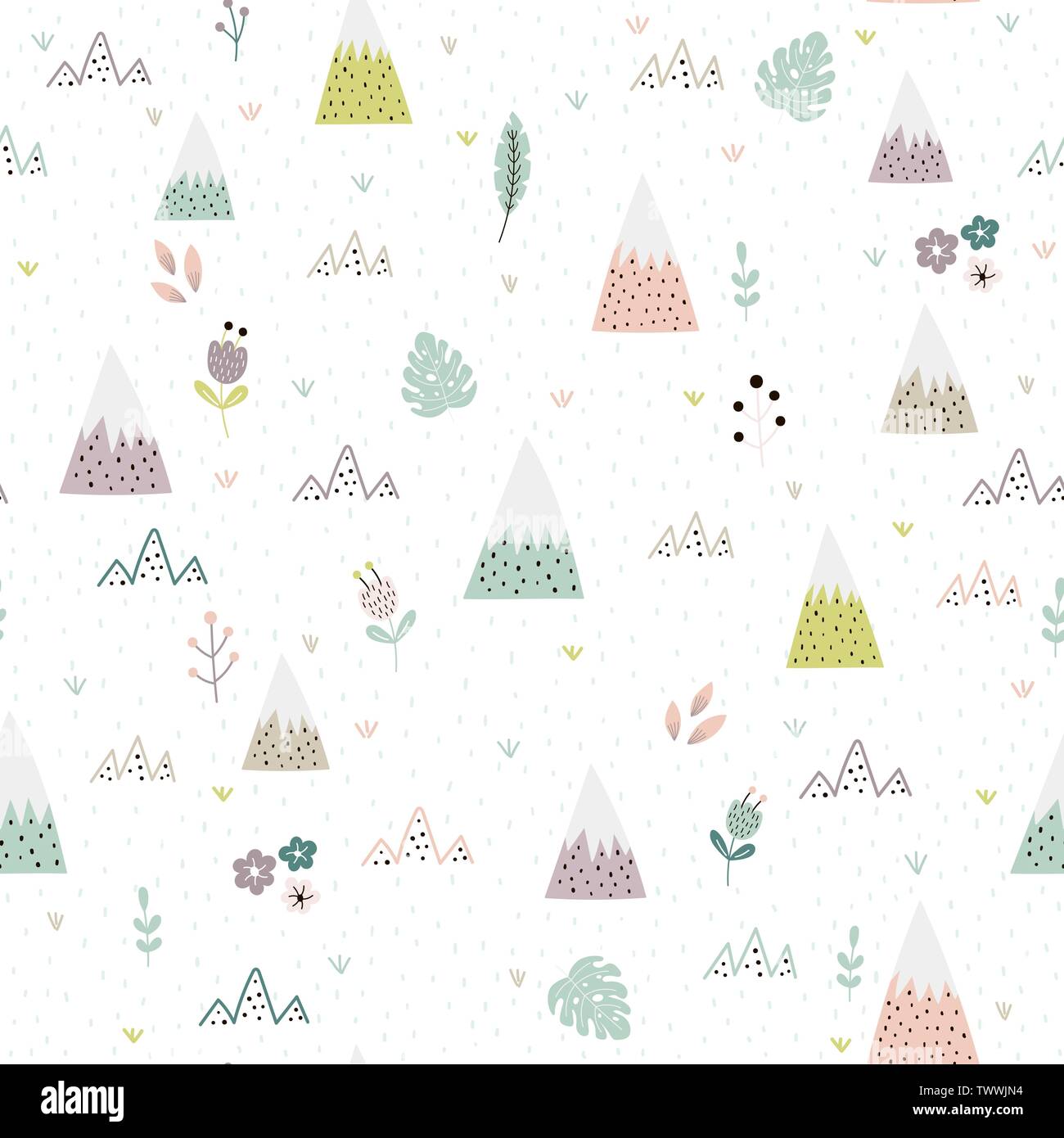 Cute mountains, plants and flower landscape seamless pattern. Cartoon ...