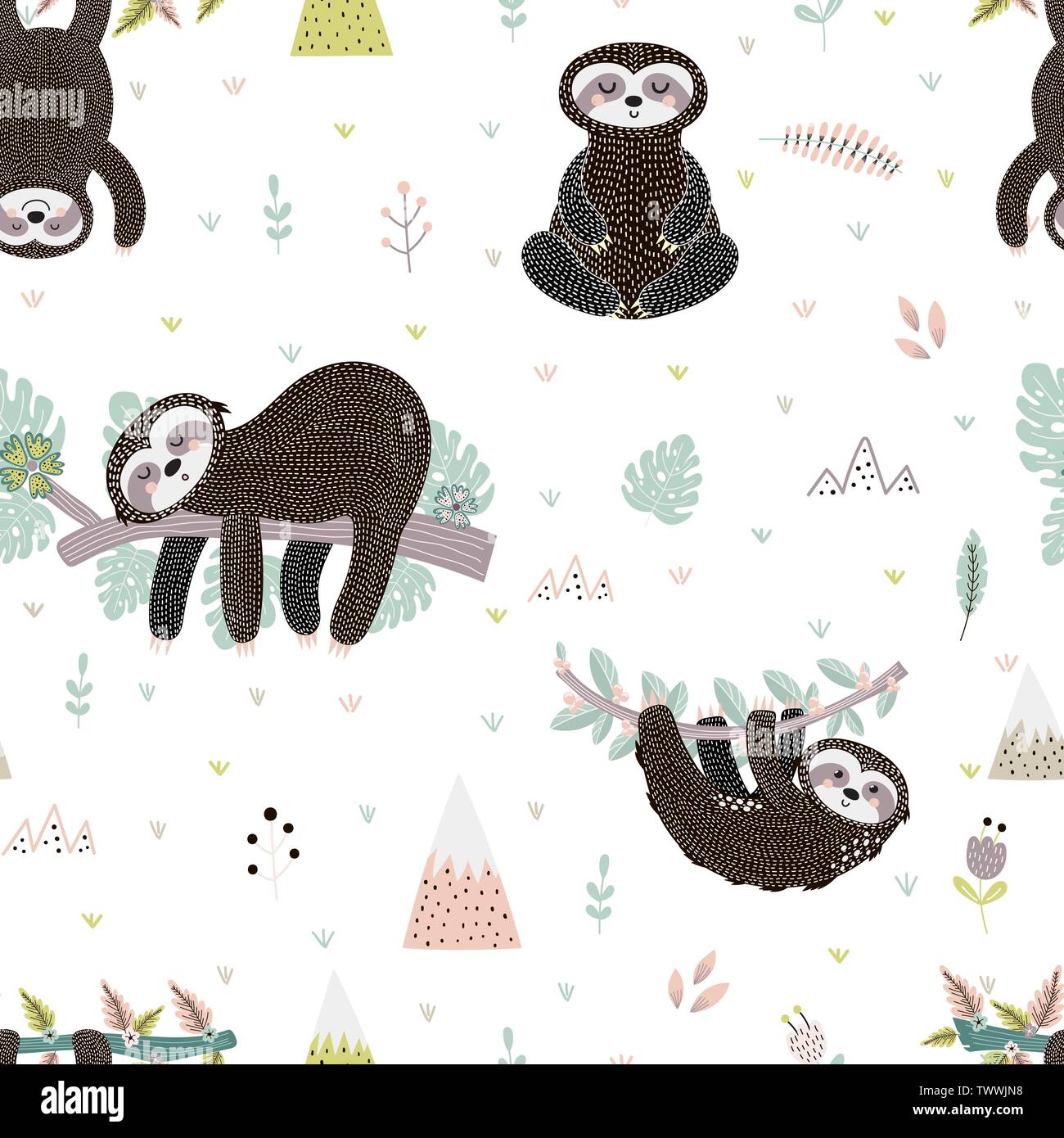 Cute sloth on the branch seamless pattern. Vector illustration Stock ...
